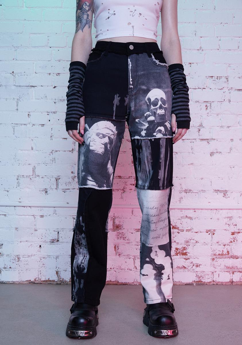 Dolls Kill X Monsters Screengrab Printed High Rise Twill Pants - Black ...