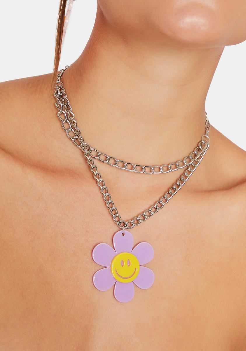 Layered Chain Link Necklace With Smiley Face Flower - Purple – Dolls Kill