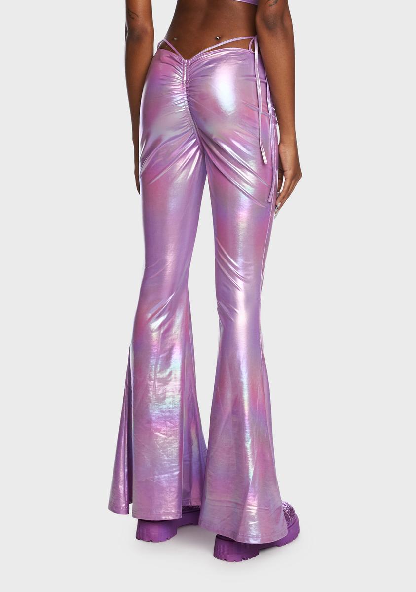 Club Exx Metallic Shimmer Ruched Tie Flare Pants - Purple – Dolls Kill