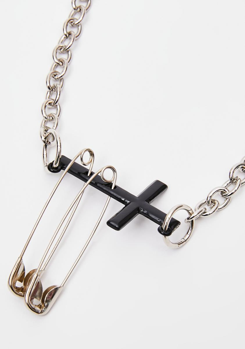 Safety Pin Cross Charm Necklace - Silver Black – Dolls Kill