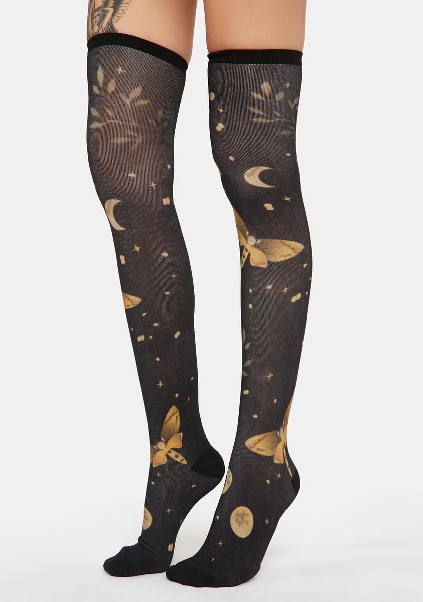 Moth And Moon Print Thigh High Socks – Dolls Kill