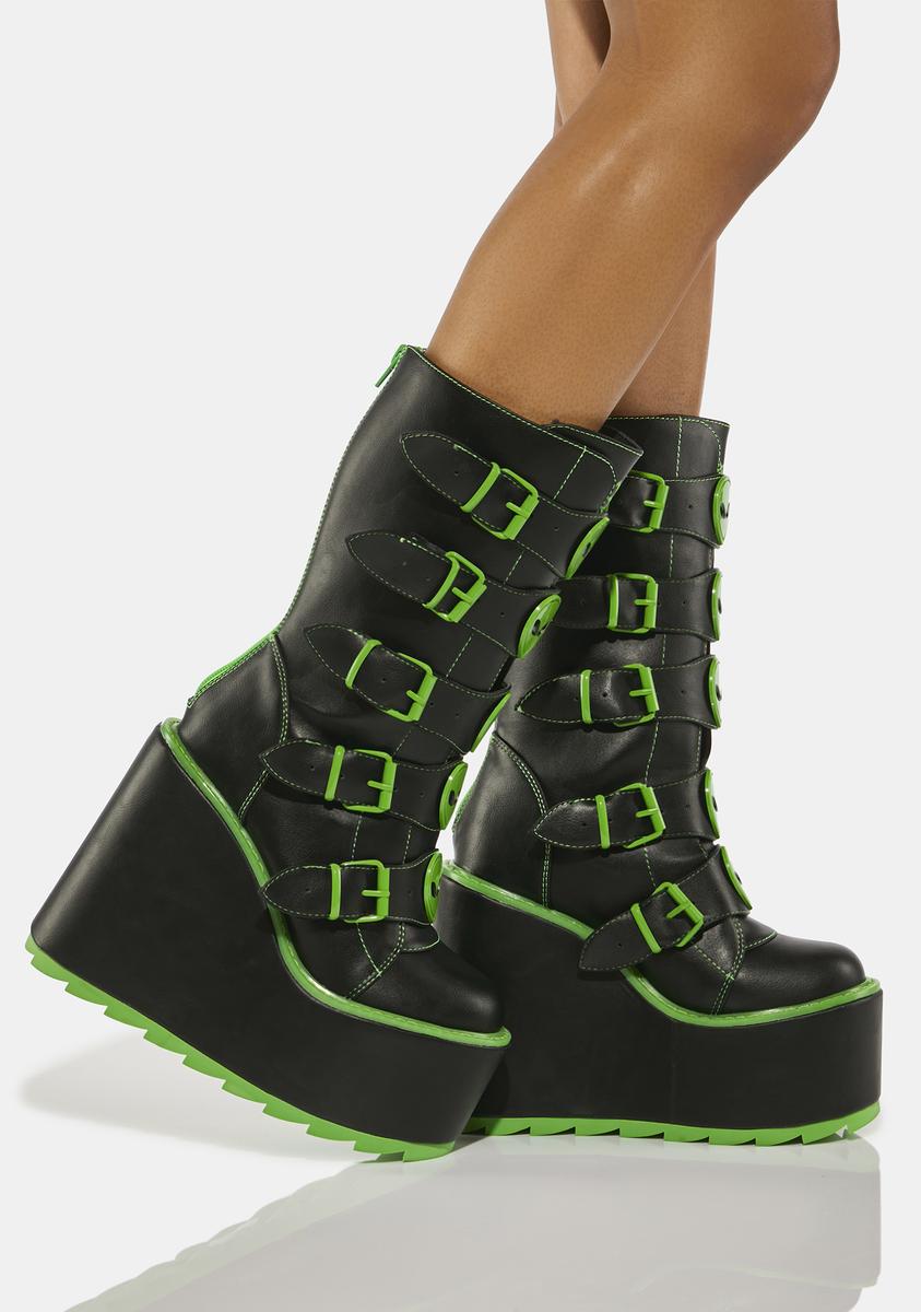 YRU Alien Buckle Platform Boots - Black/Green – Dolls Kill