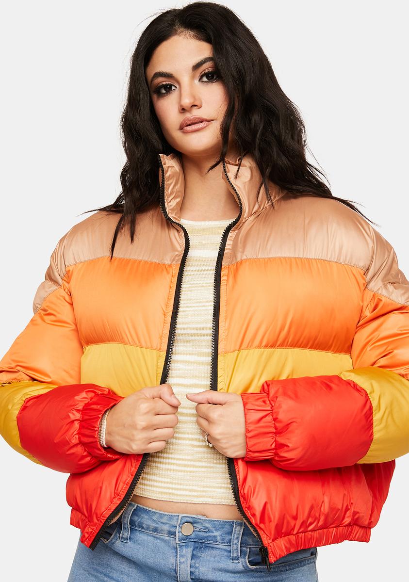 Sunset Multi Color Stripe Color Block Puffer Jacket – Dolls Kill