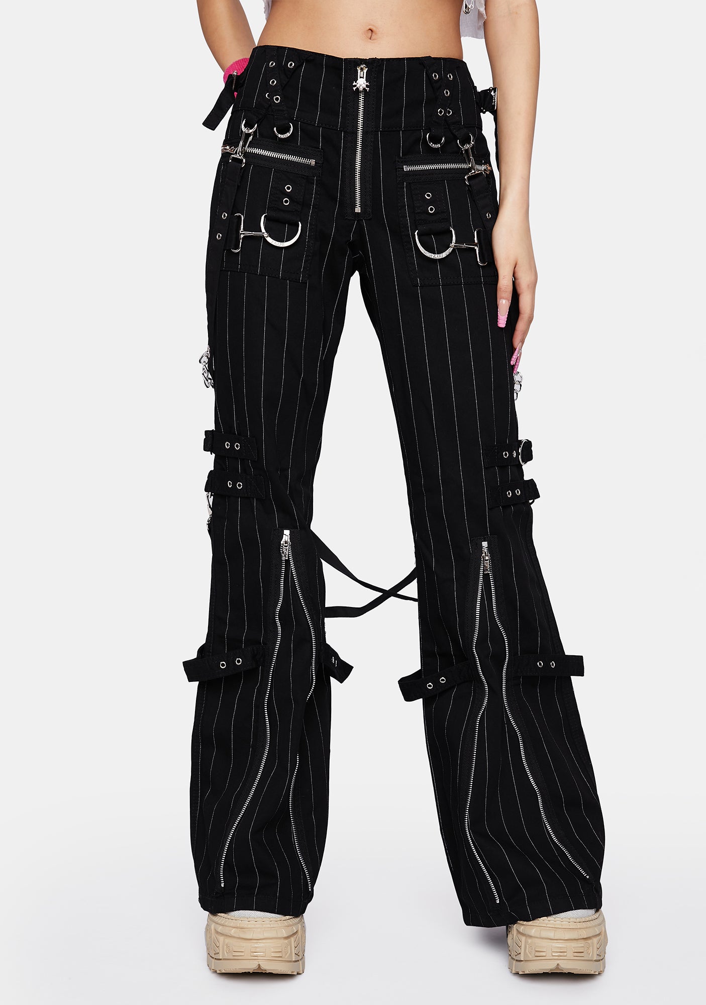 Tripp NYC Pinstripe D Ring Bondage Flare Pants – Dolls Kill