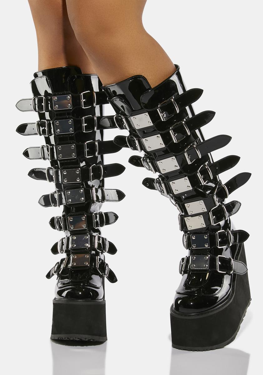 Demonia Wide Calf Swing 815 Knee High Buckle Boots - Black Patent ...