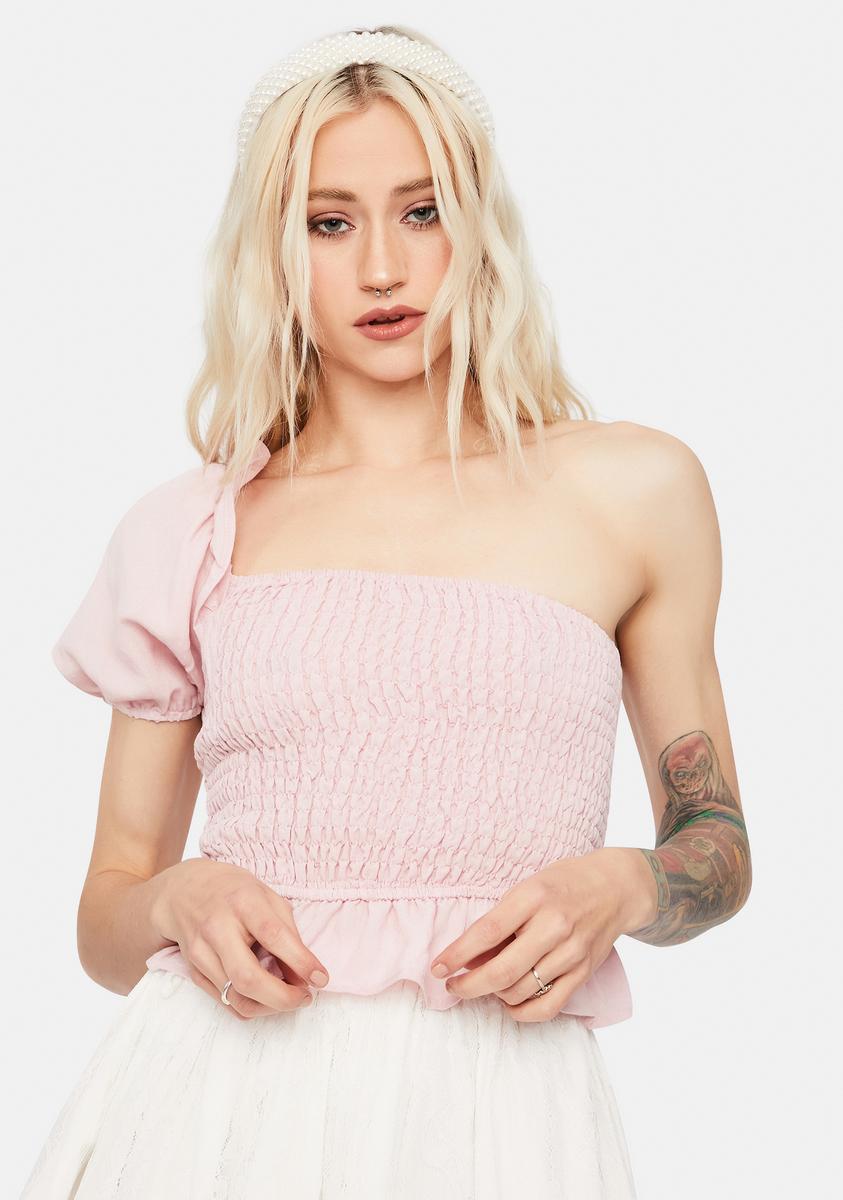 One Shoulder Smocked Crop Top - Pink – Dolls Kill