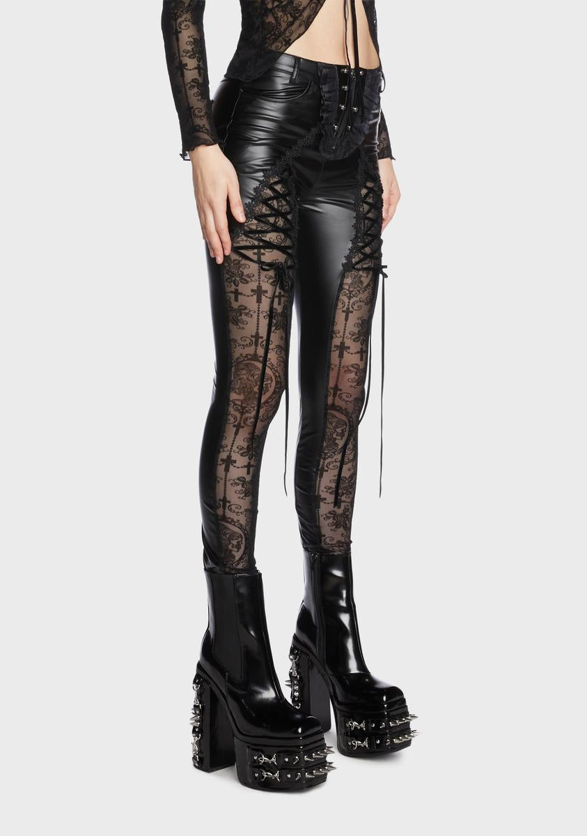 Devil Fashion Vegan Leather Splice Lace Skinny Pants - Black – Dolls Kill