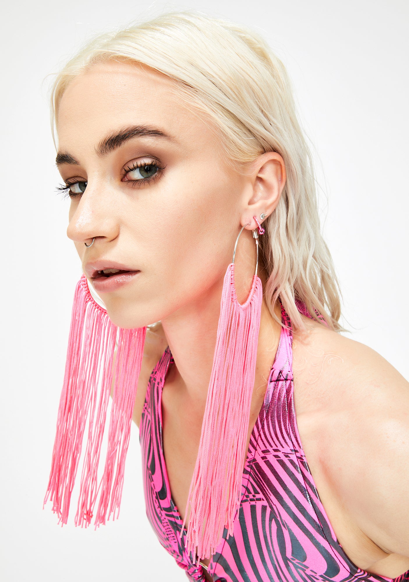 Long Tassel Fringe Hoop Earrings - Silver, Pink – Dolls Kill