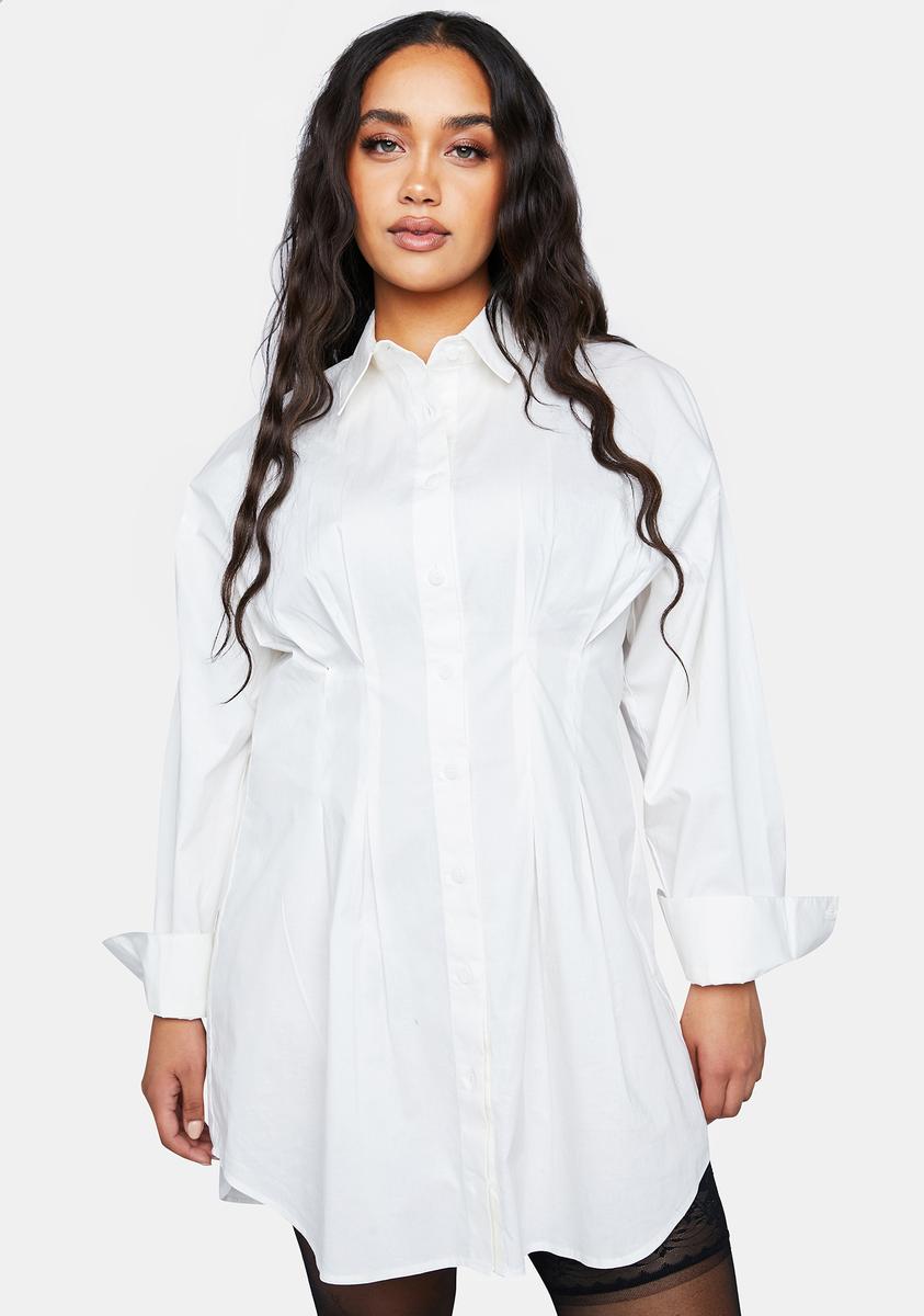 Plus Size Collared Long Sleeve Cinched Waist Shirt Dress - White ...