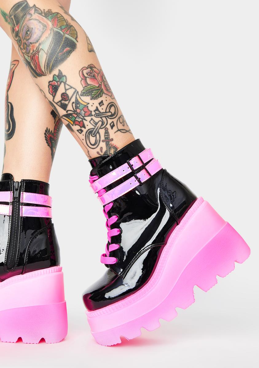 Demonia UV Reactive Neon Pink Patent Wedge Platform Boots Black – Dolls ...