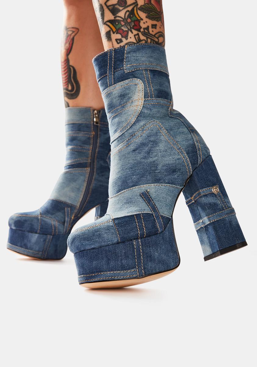 Denim Patchwork Platform Chunky Heel Ankle Boots - Blue – Dolls Kill