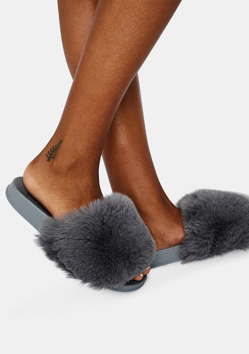 Fluffy Fuzz Flat Slides - Gray – Dolls Kill