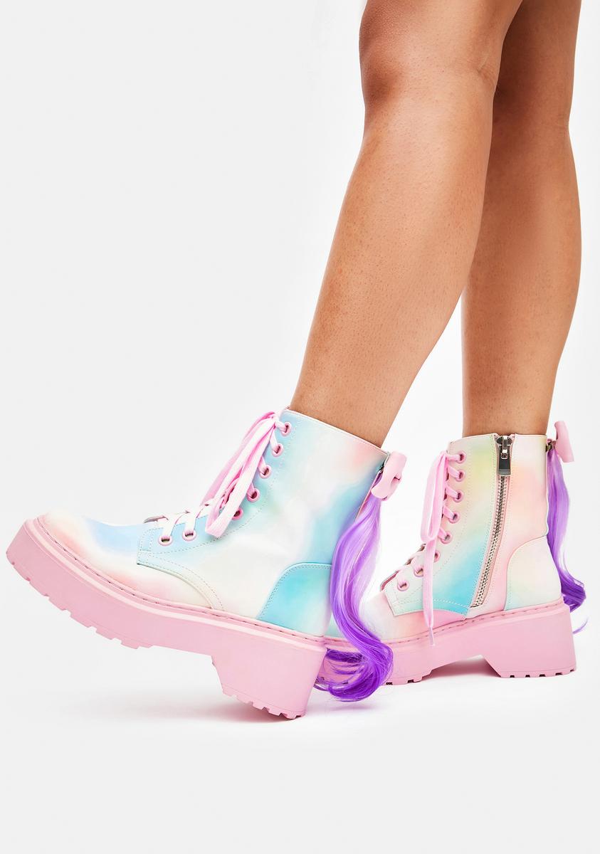 Dolls Kill x My Little Pony Pastel Pony Tail Combat Boots - Pink/Blue