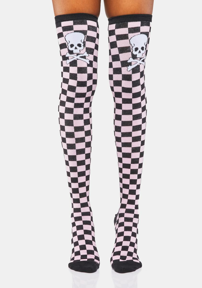 Thigh High Checkered Socks With Skull And Crossbones - Pink/Black ...
