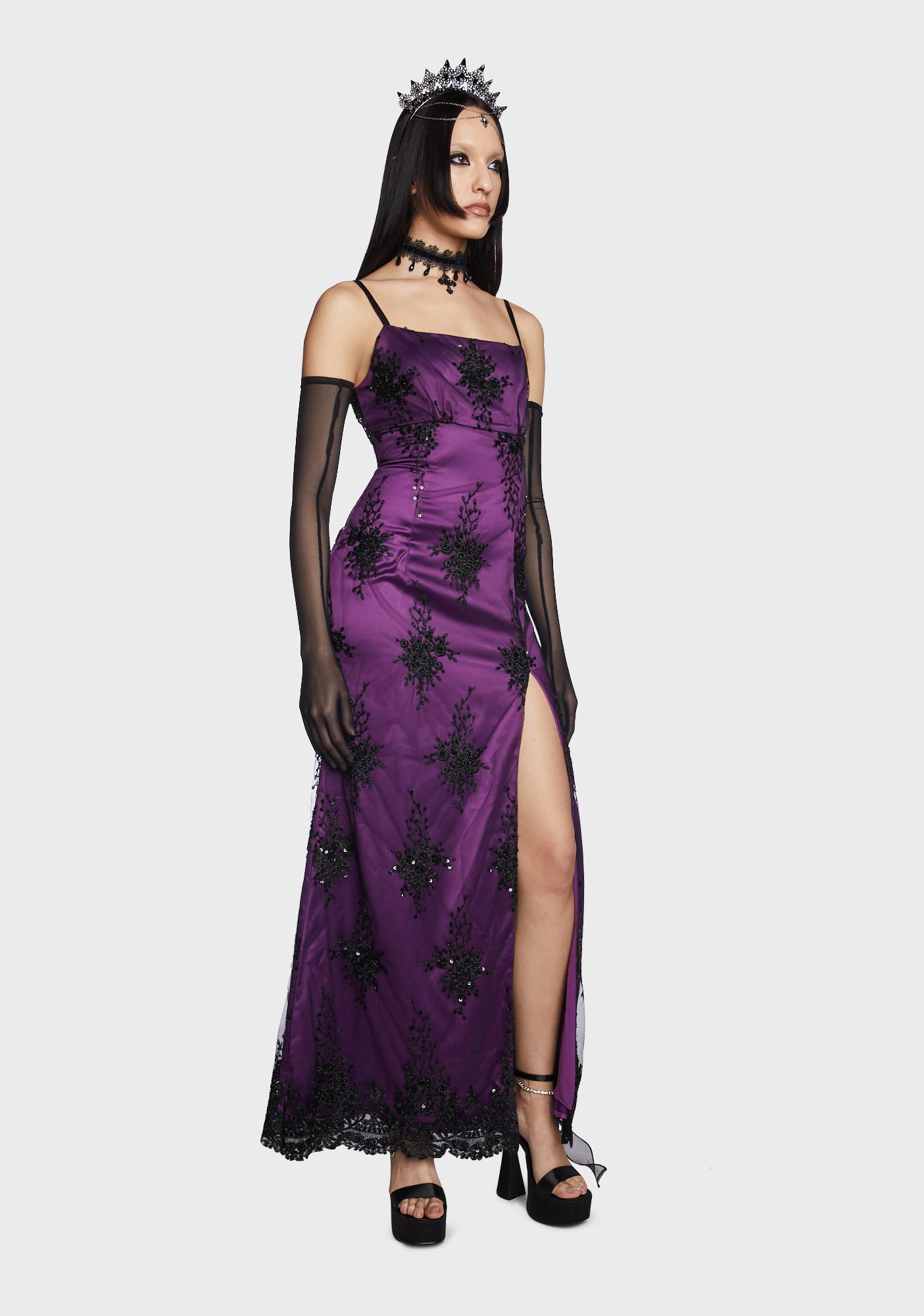 Unholy Satin Embroidered Sequin Maxi Dress - Purple – Dolls Kill