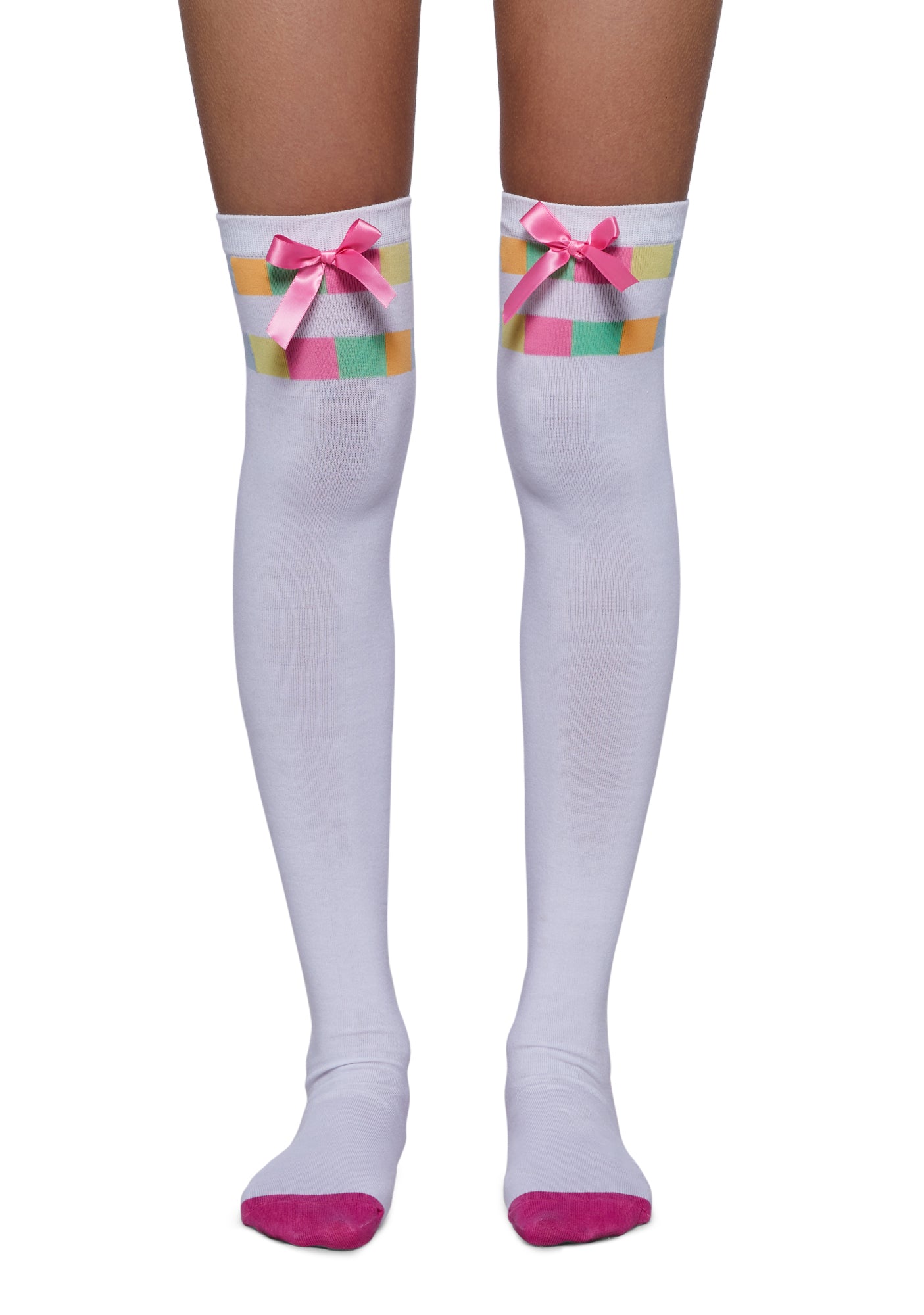 Dolls Kill x Candyland Satin Bow Striped Thigh High Socks - White