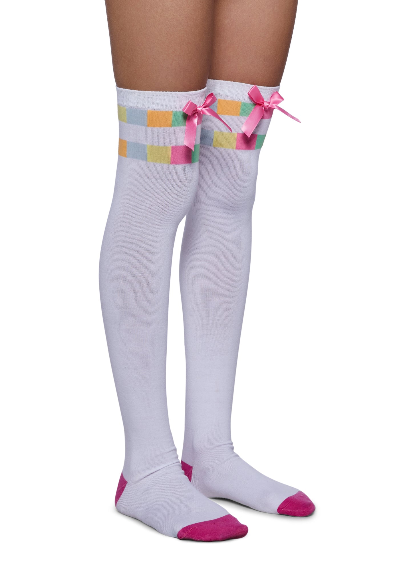 Dolls Kill x Candyland Satin Bow Striped Thigh High Socks - White