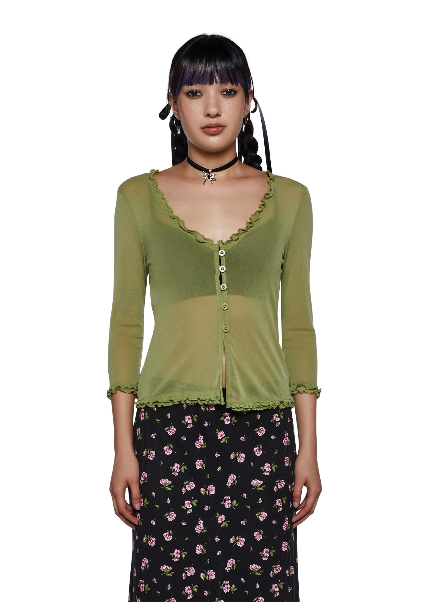 Delia's Sheer Mesh Button Top - Green – Dolls Kill