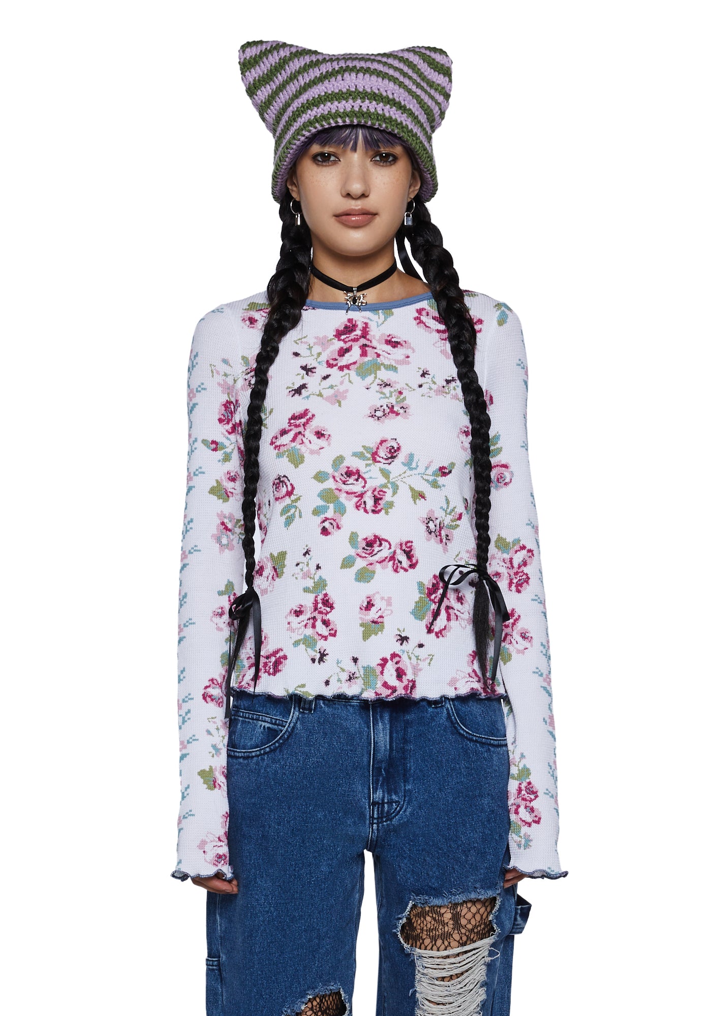 Delia's Floral Thermal Knit Top - Multi – Dolls Kill