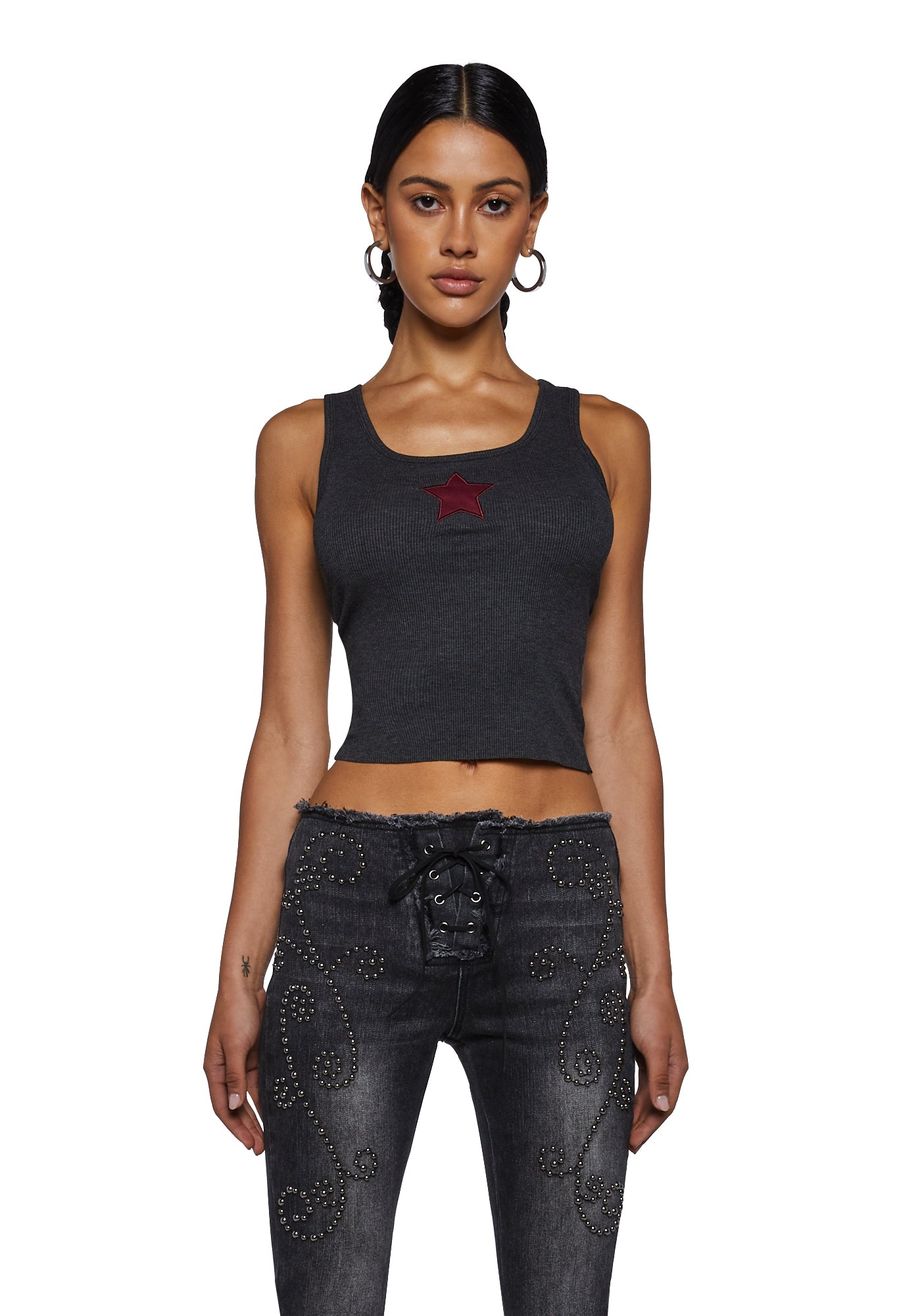 Current Mood Star Patch Ribbed Tank Top - Black – Dolls Kill