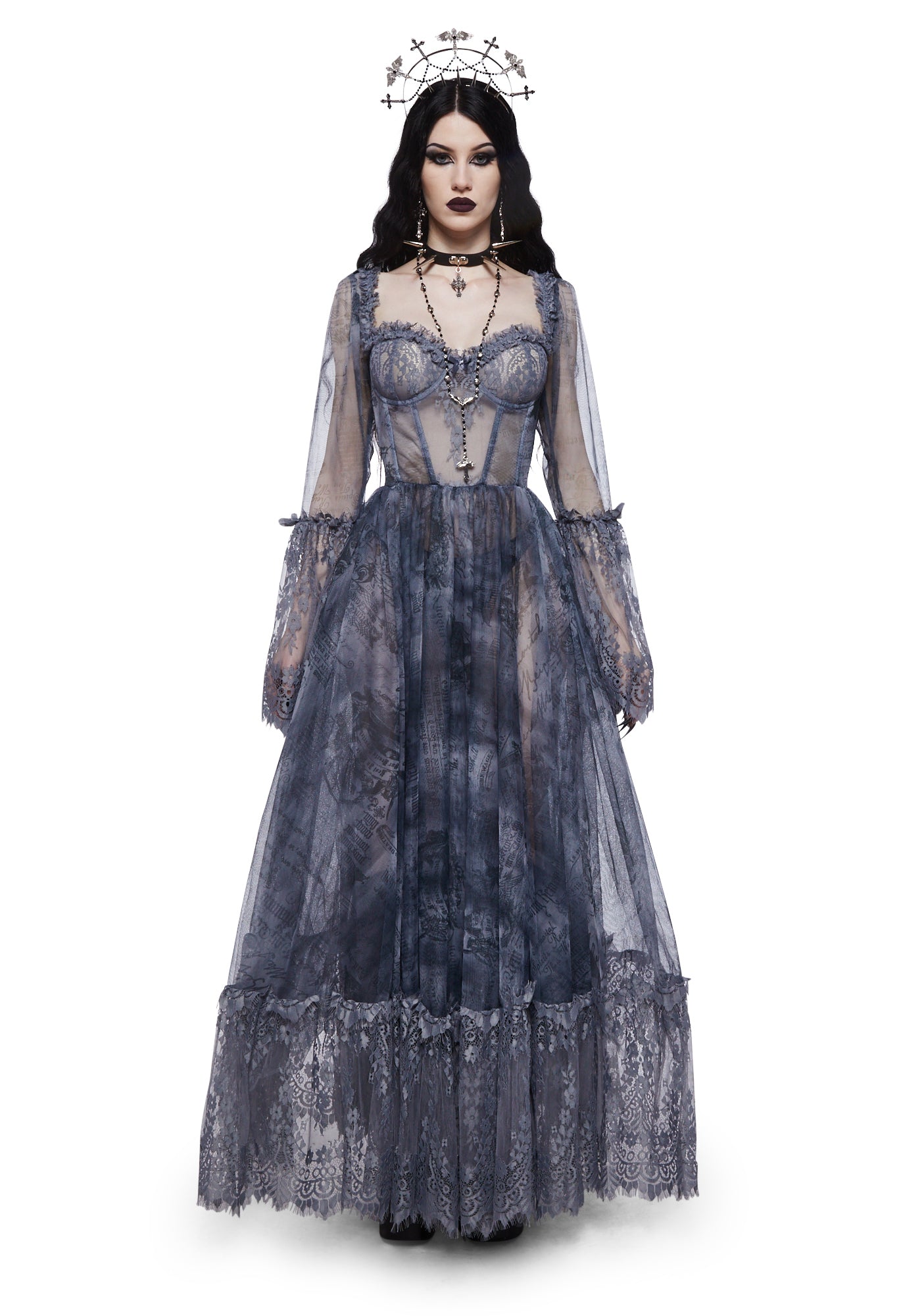 Widow Script Print Gothic Lace Bustier Long Sleeve Maxi Gown - Multi ...