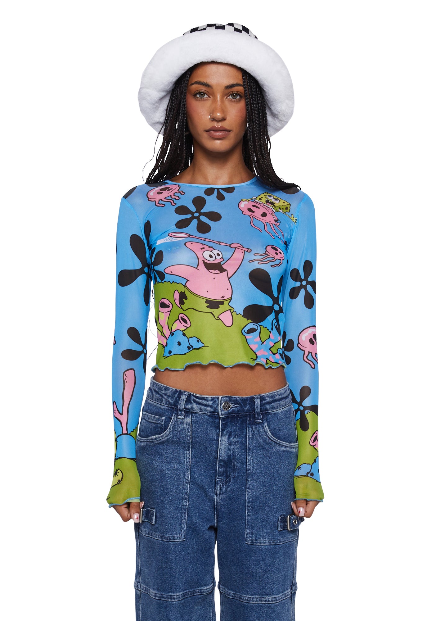 Dolls Kill x Spongebob Graphic Mesh Long Sleeve Top - Multi