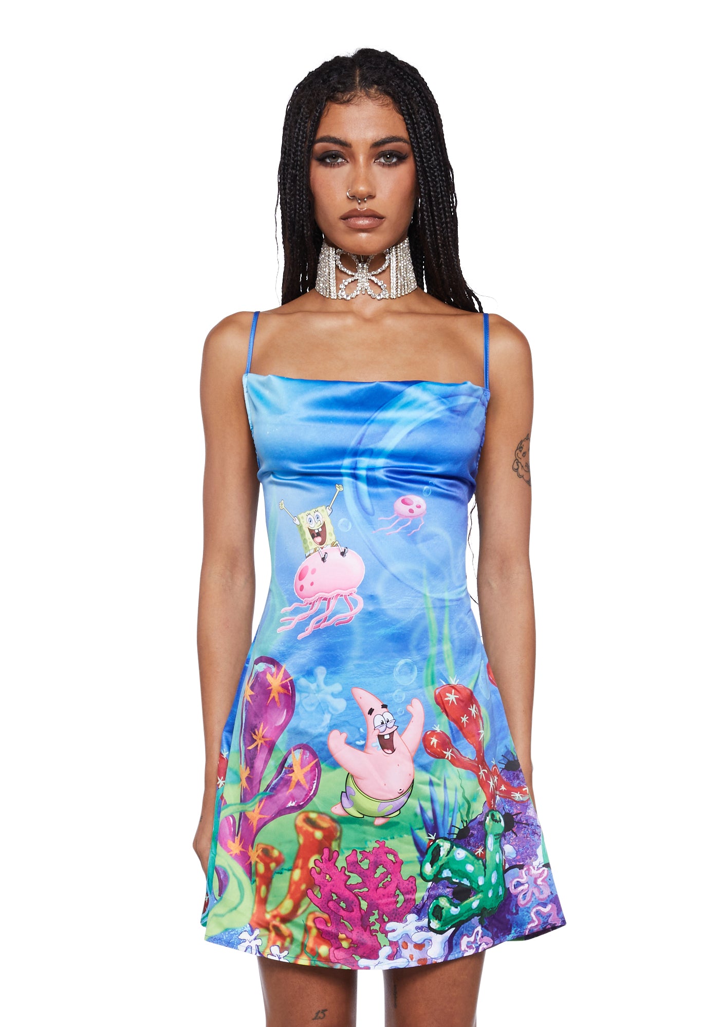 Dolls Kill x SpongeBob Graphic Print Slip Satin Dress - Multi