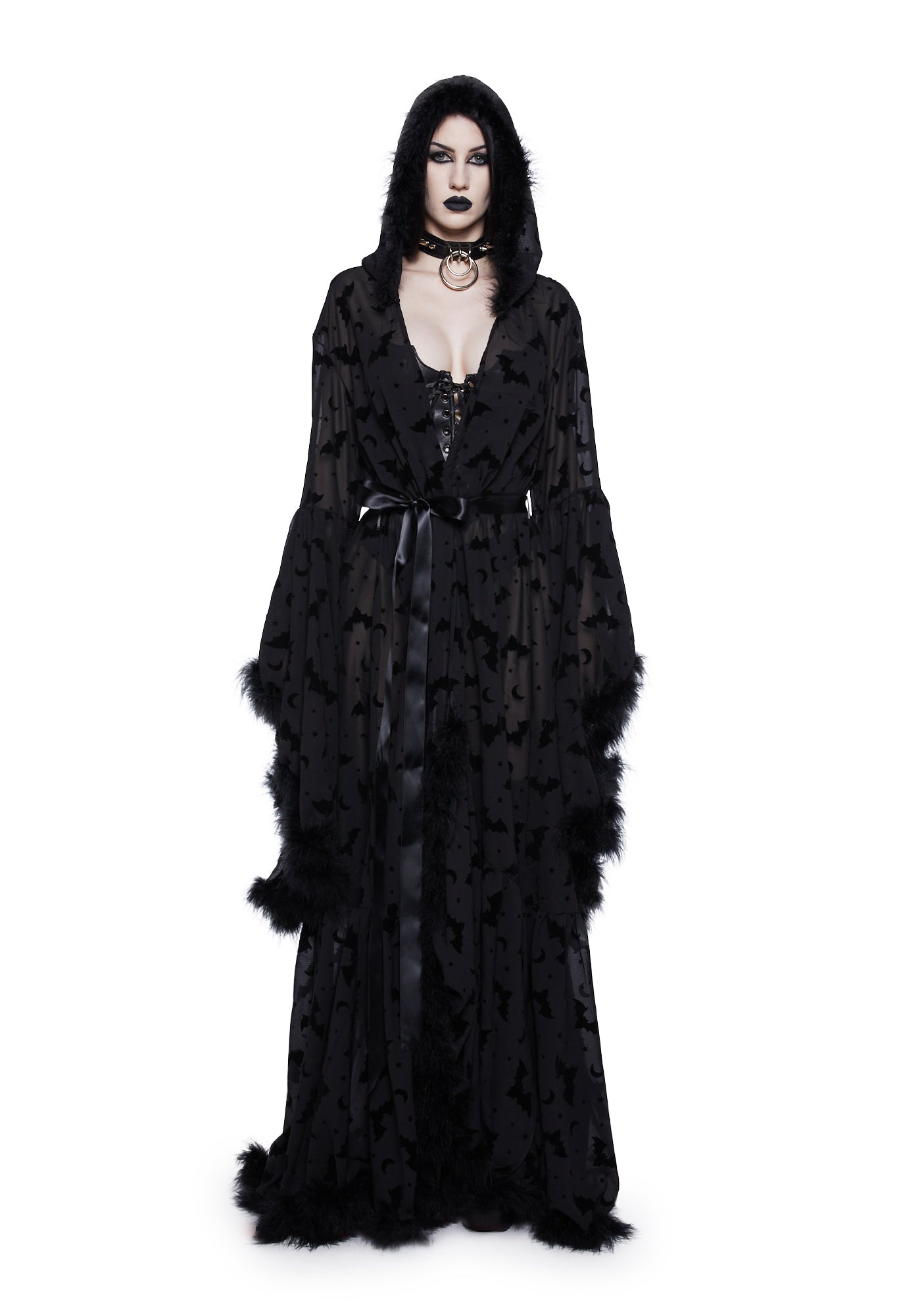 Sexy Womans Halloween Costume Flocked Bat Sheer Marabou Robe - Black ...