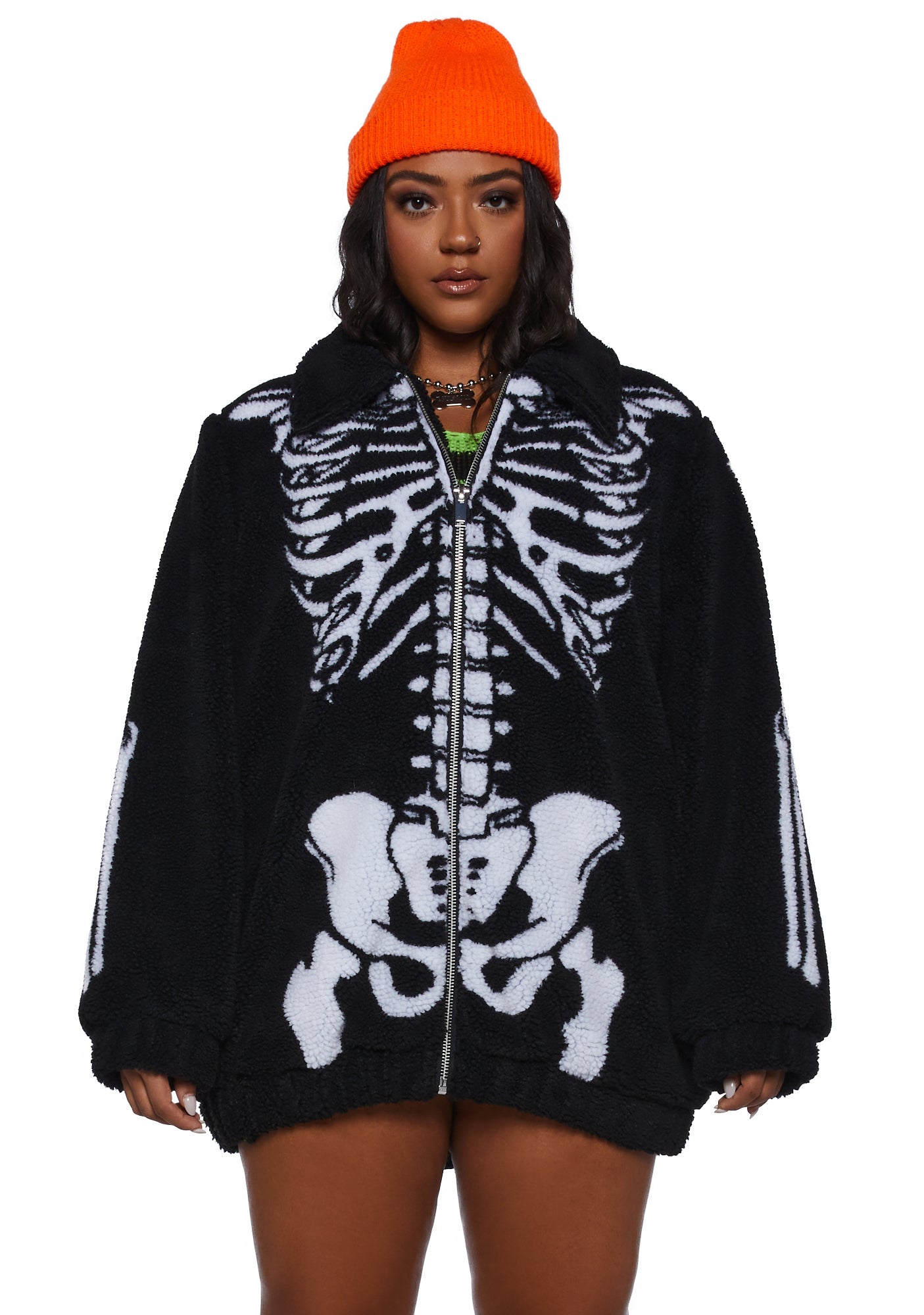 Plus Size Trickz N' Treatz Vegan Sherpa Skeleton Print Jacket - Black ...