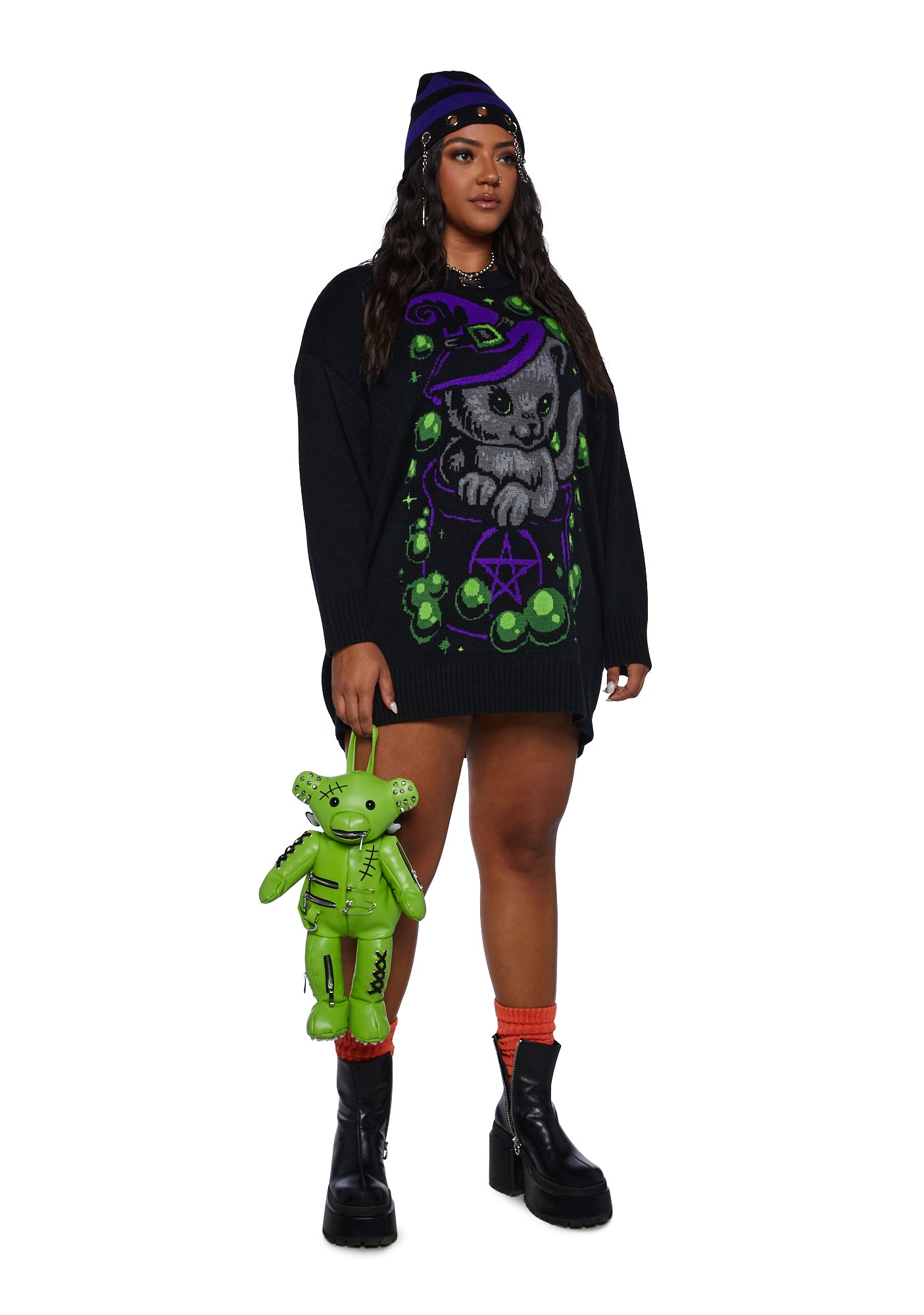 Plus Trickz N' Treatz Witchy Kitten Graphic Oversized Sweater - Black – Dolls Kill