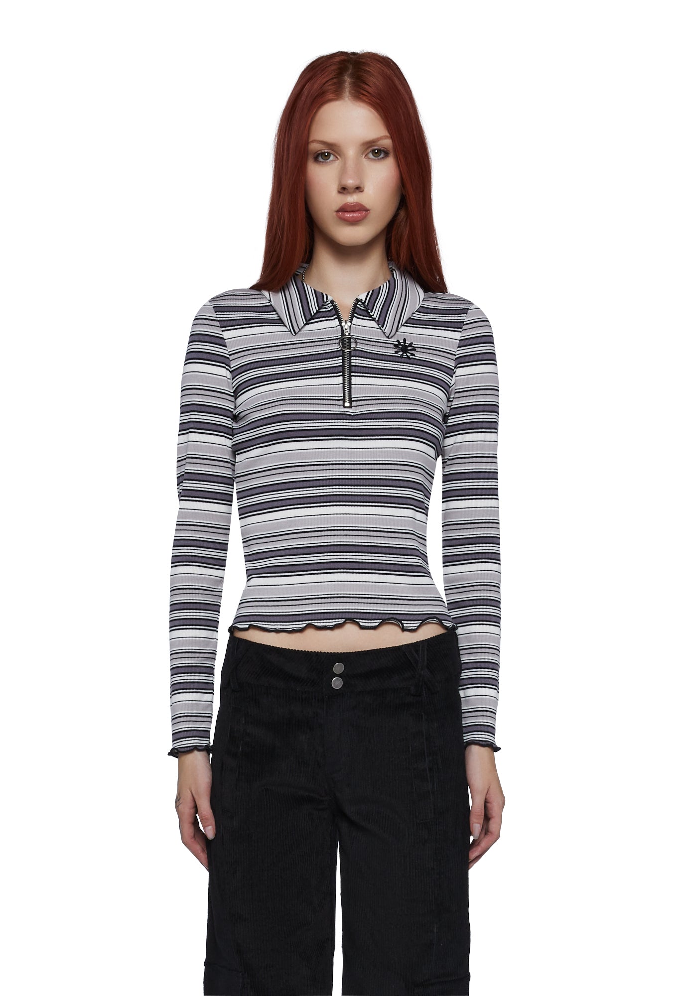 Delia's By Dollskill Striped Ribbed Collared Long Sleeve Top - Gray ...