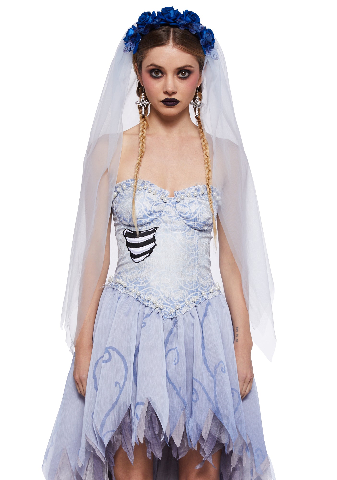 Dolls Kill x The Corpse Bride Rose and Butterfly Headband Tulle Veil - Blue