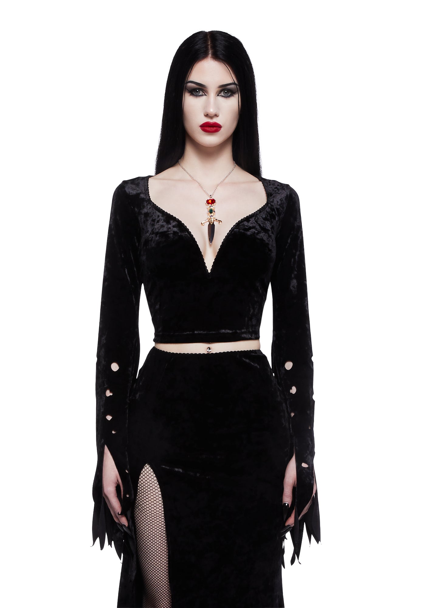 Dolls Kill x Elvira Velvet Long Sleeve Top - Black