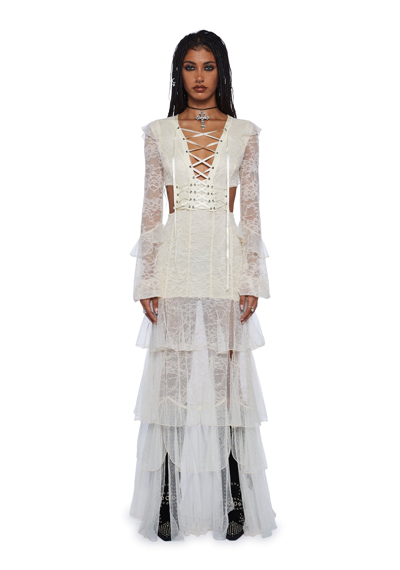 Current Mood Lace Mesh Cut Out Lace Up Maxi Dress - Ivory – Dolls Kill