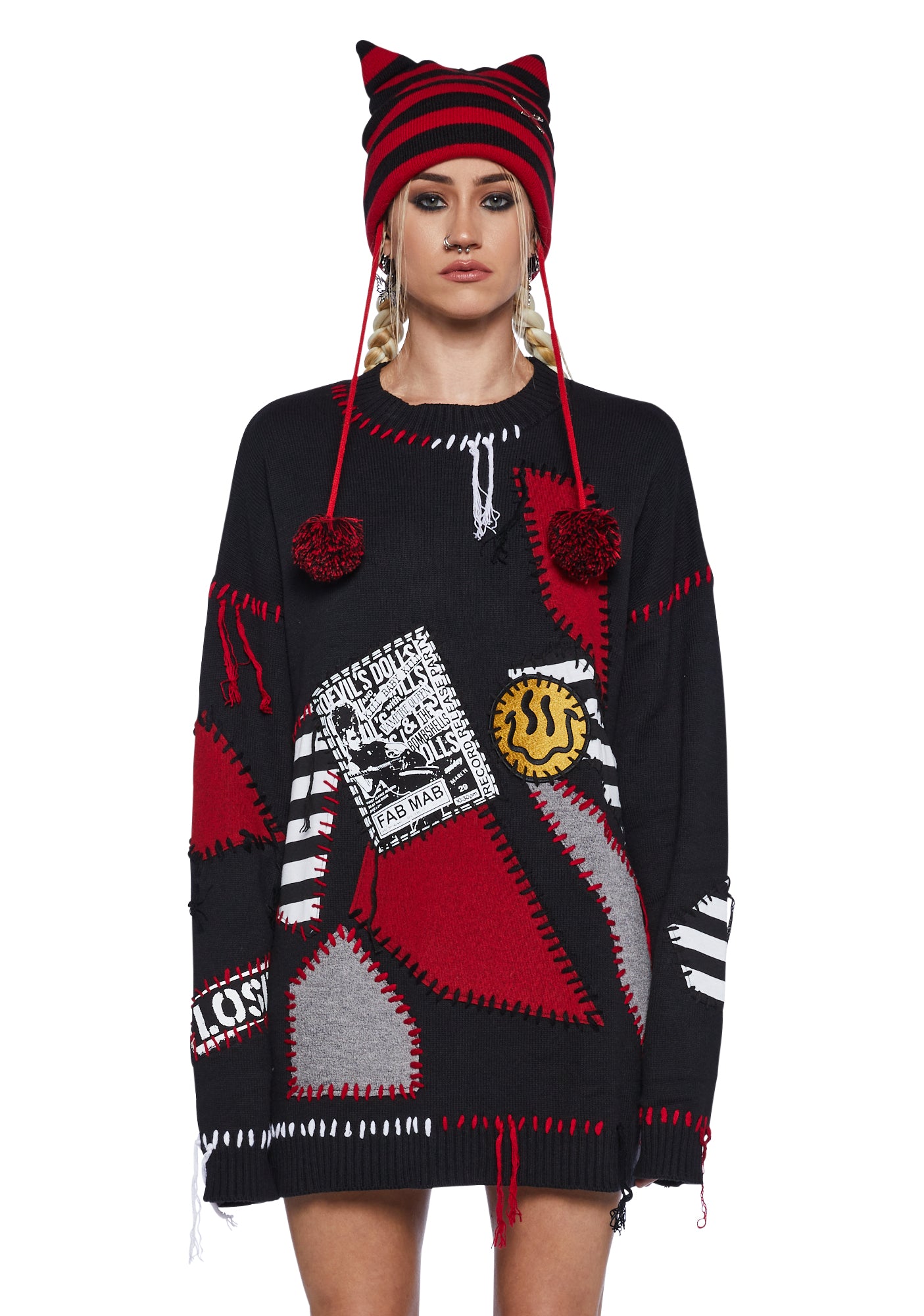 Current Mood Loose Thread Patches Oversized Sweater - Multi – Dolls Kill