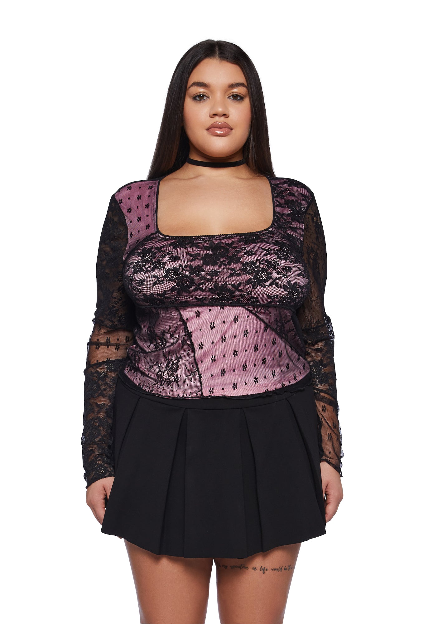 Plus Size Delia's Pieced Lace Long Sleeve Top - Pink/Black – Dolls Kill