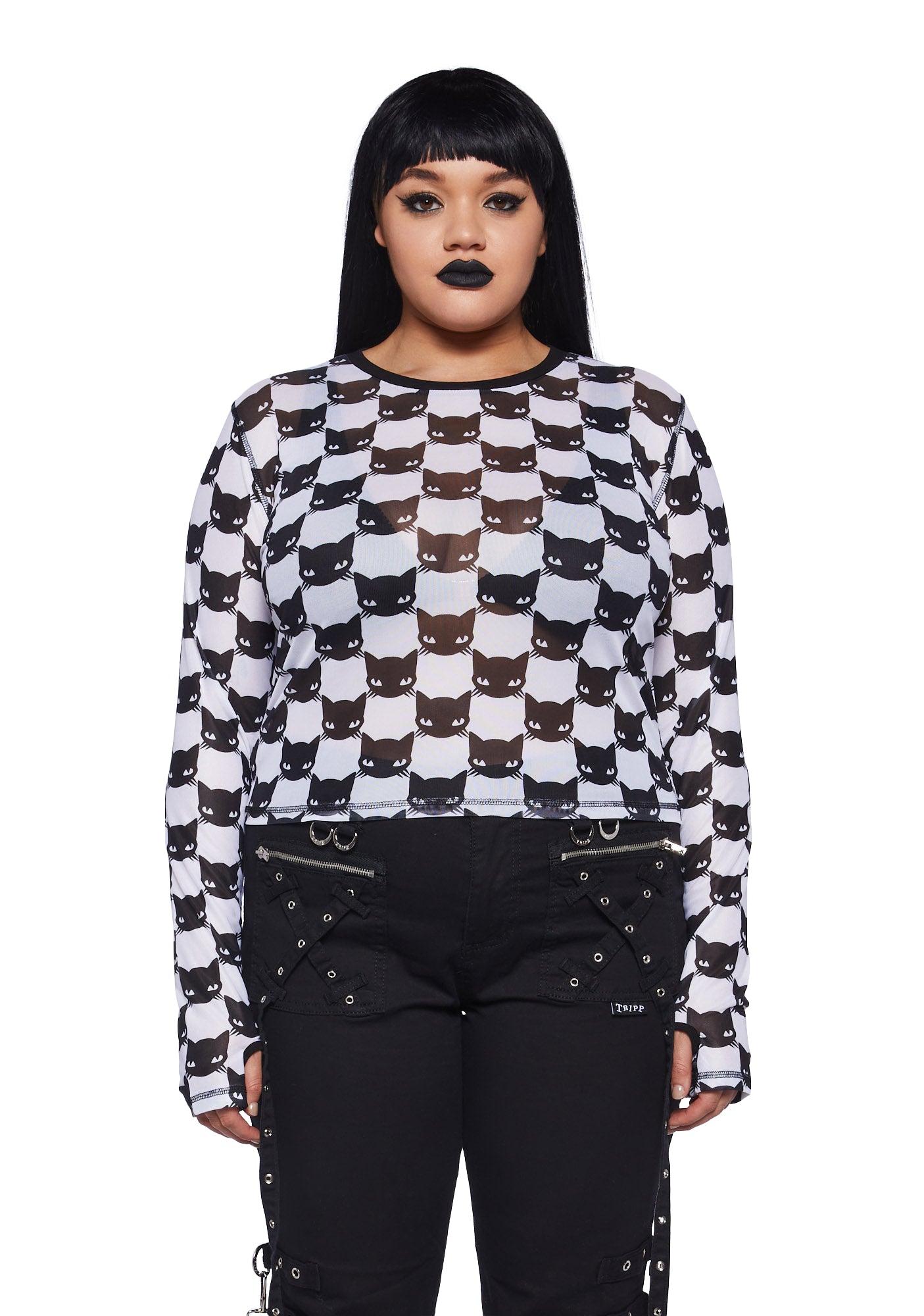 Plus Size Dolls Kill x Emily The Strange Cat Checkered Mesh Top - Black ...
