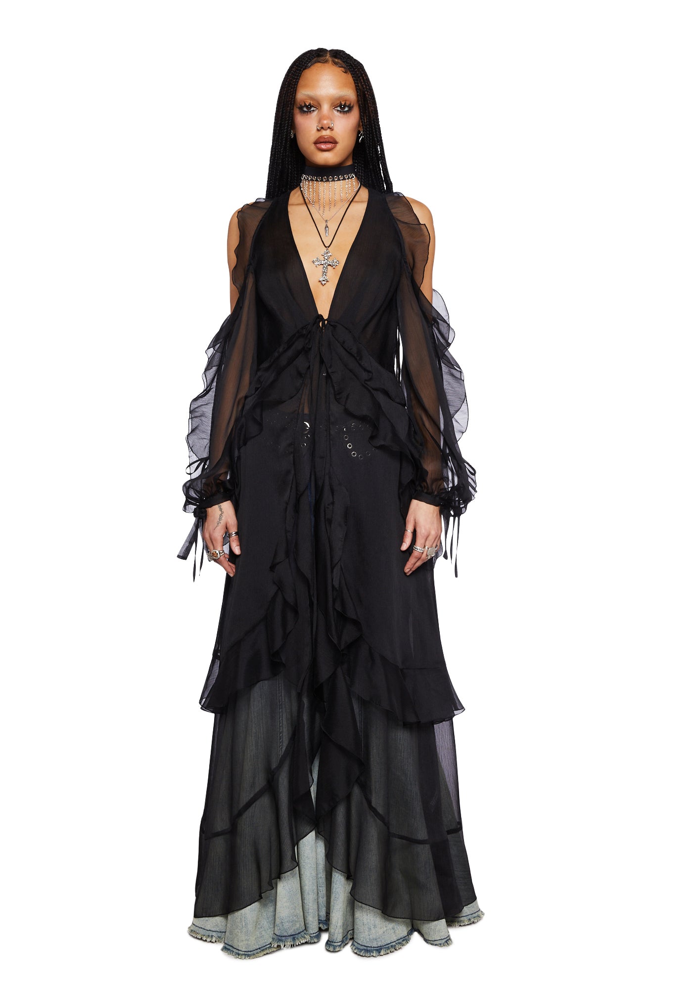 Current Mood Ruffle Open Front Duster- Black – Dolls Kill