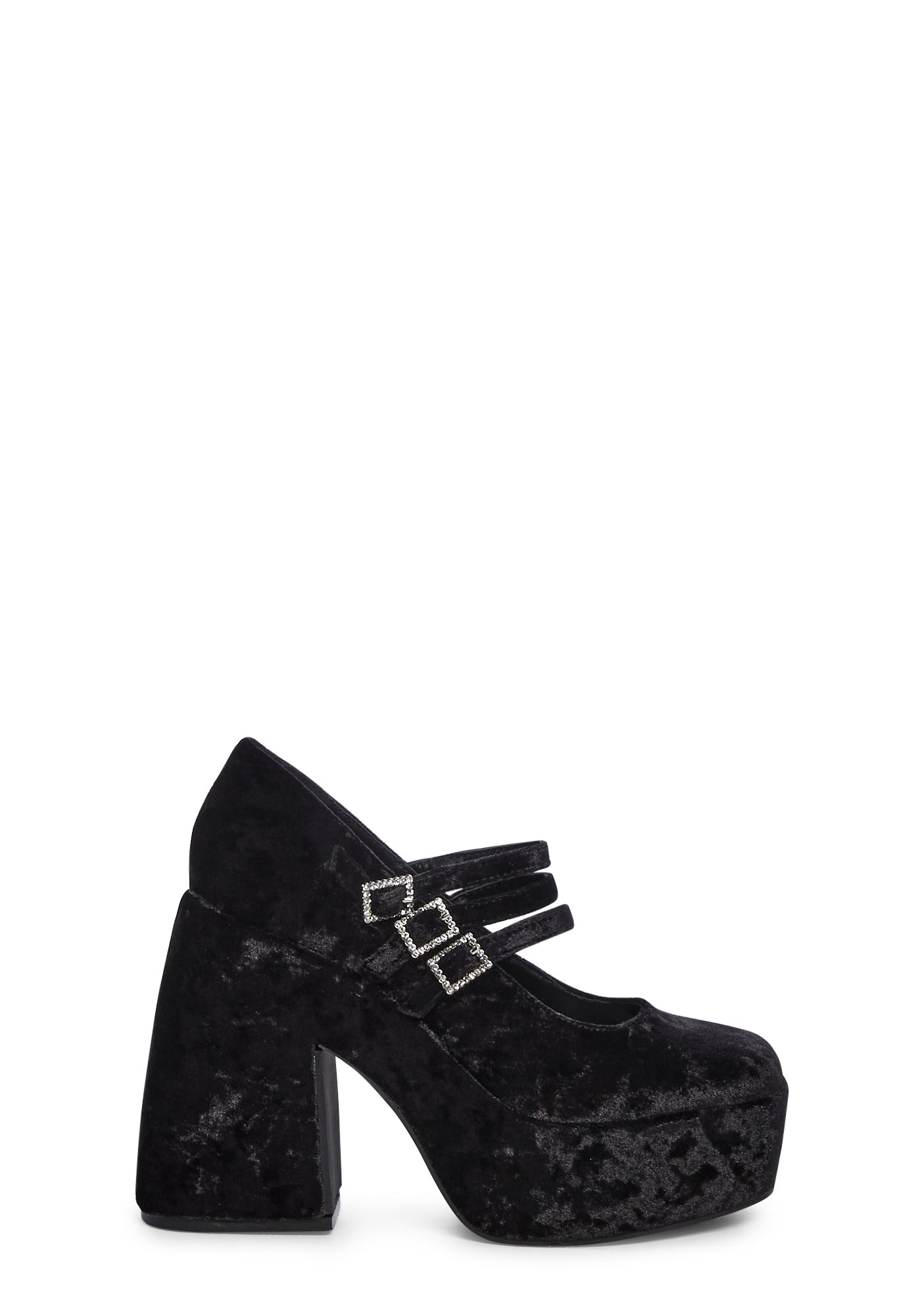Velvet Platform Rhinestone Buckle Mary Jane Heels - Black – Dolls Kill