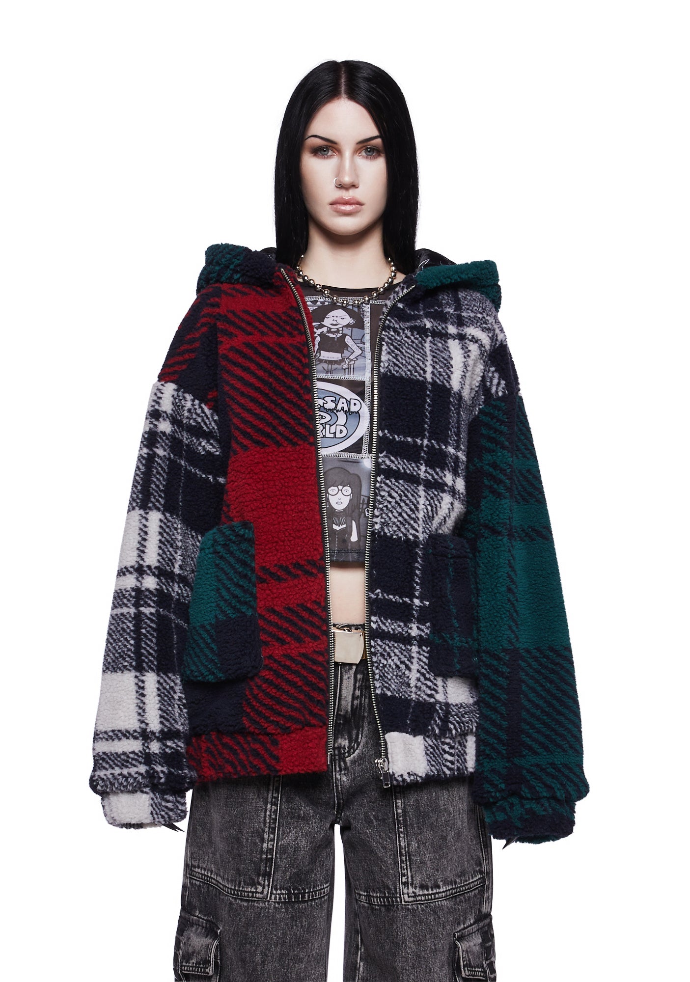 Dolls Kill x Daria Mixed Plaid Bubble Faux Fur Hooded Sherpa Jacket 90s ...