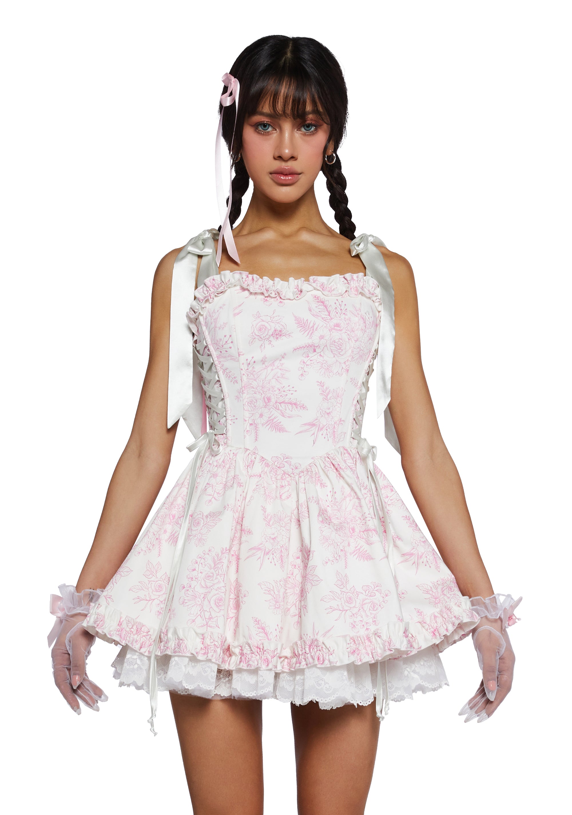Sugar Thrillz Satin Ruffle Floral Print Corset Mini Dress Light Pink