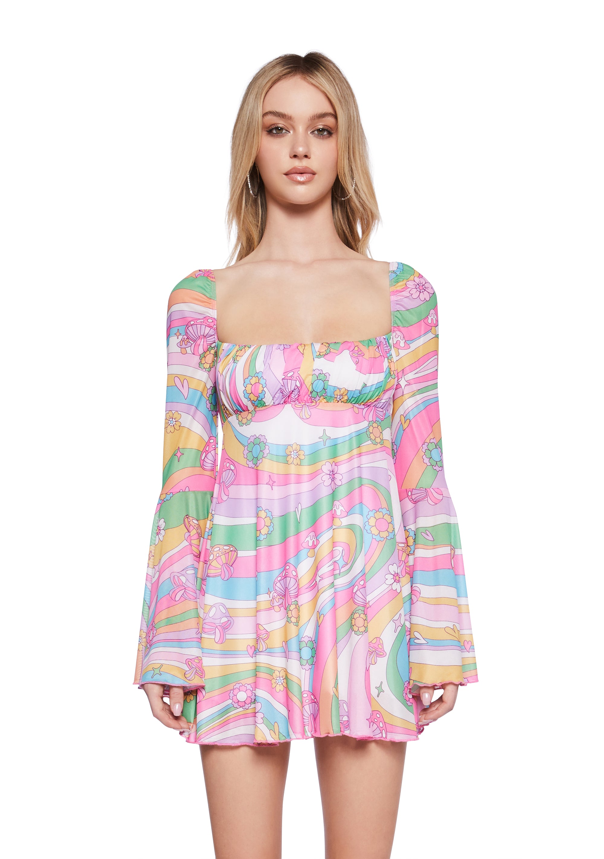 Sugar Thrillz Psychedelic Trippy Festival Mini Bell Sleeve Dress ...