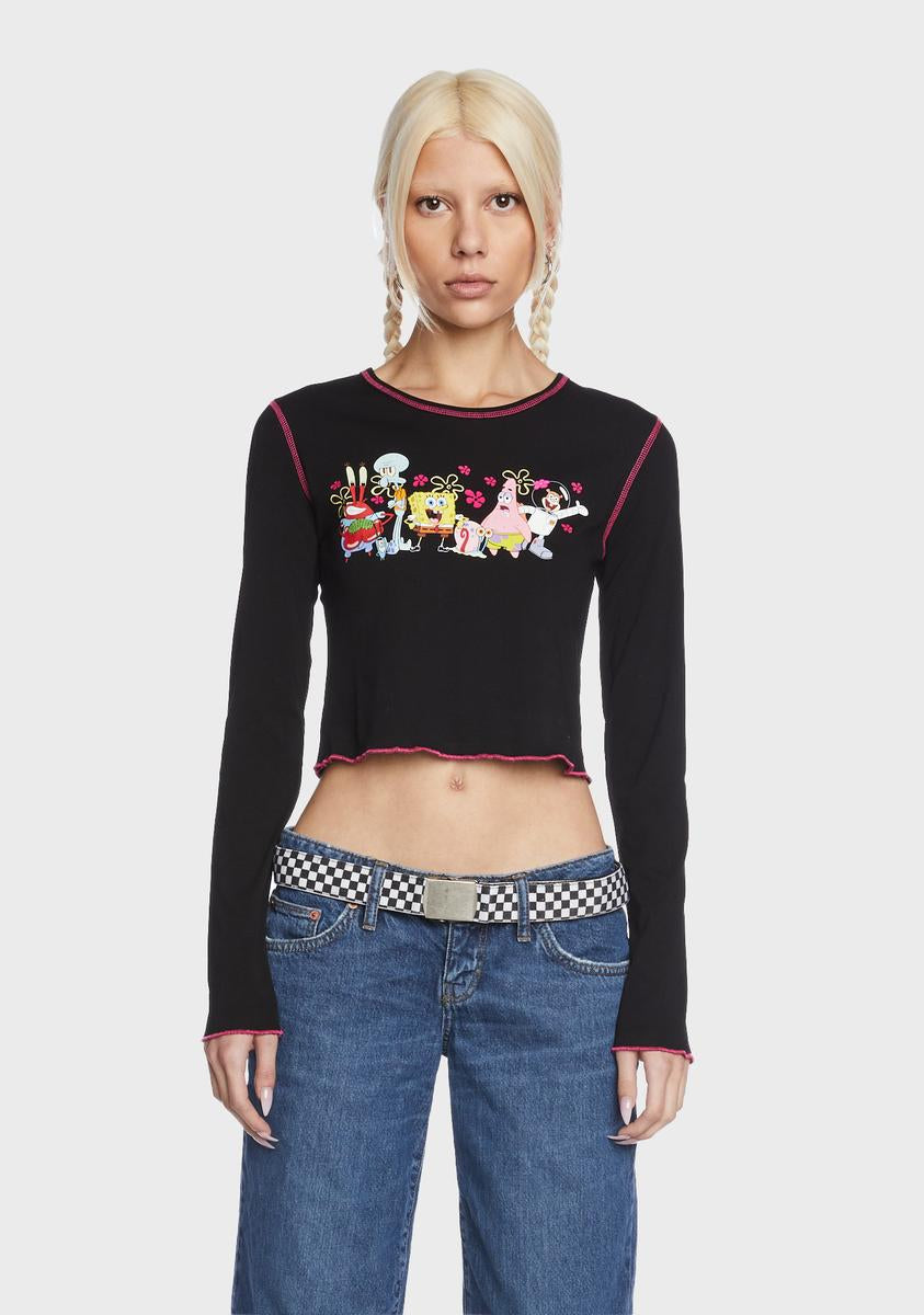 Dolls Kill x SpongeBob Character Lineup Graphic Crop Top - Black