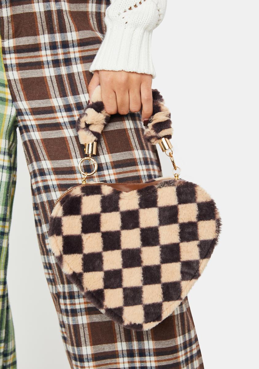 Fuzzy Checkered Print Heart Handbag - Brown – Dolls Kill