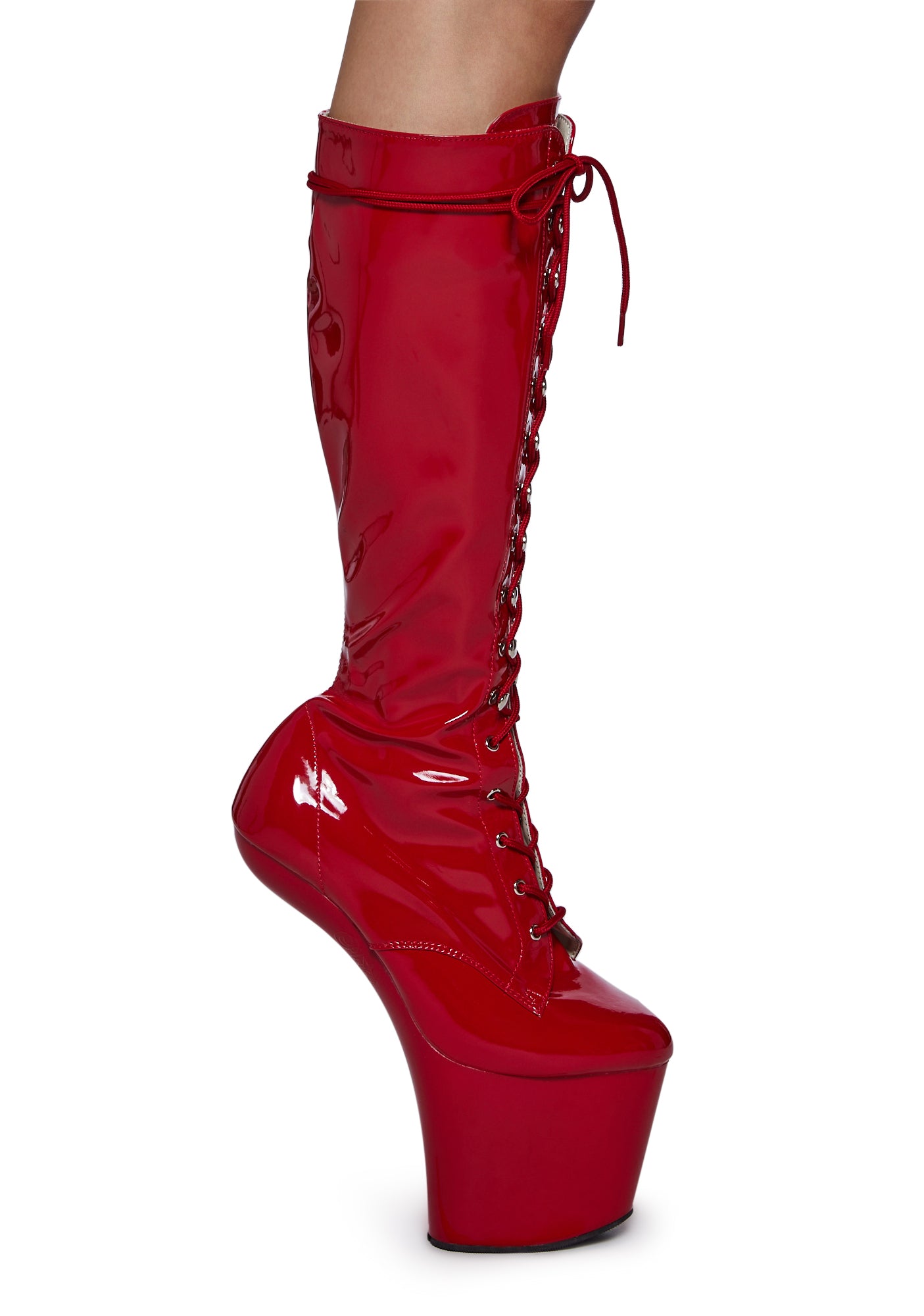Pleaser Heelless Knee High Platform Wedge Boots - Red Patent – Dolls Kill