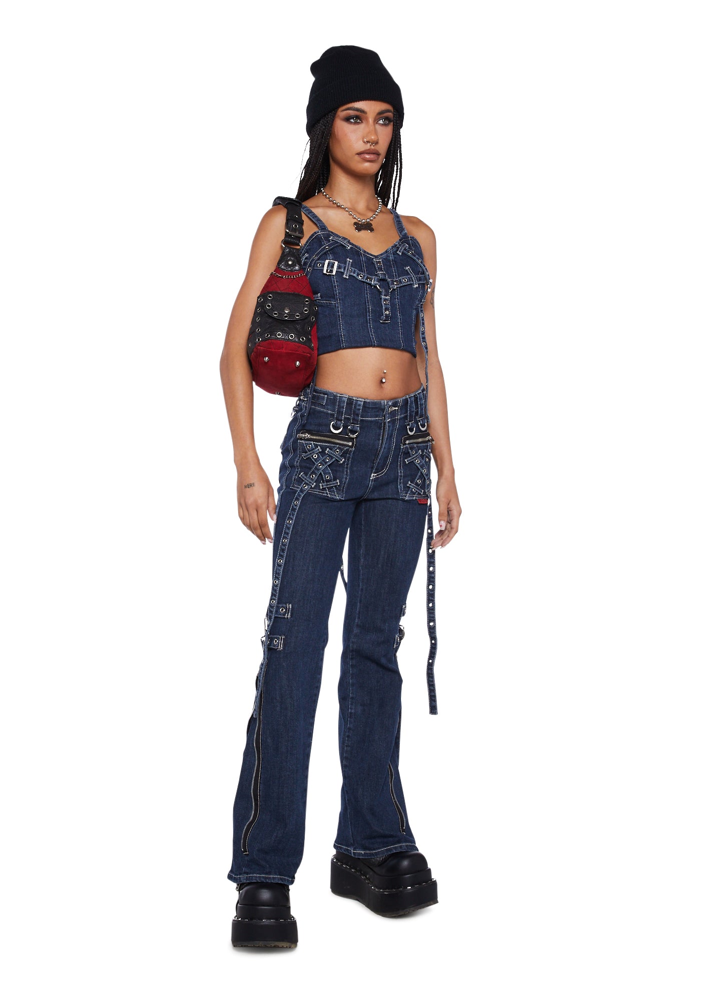 Tripp NYC Denim Strappy Pants - Blue – Dolls Kill