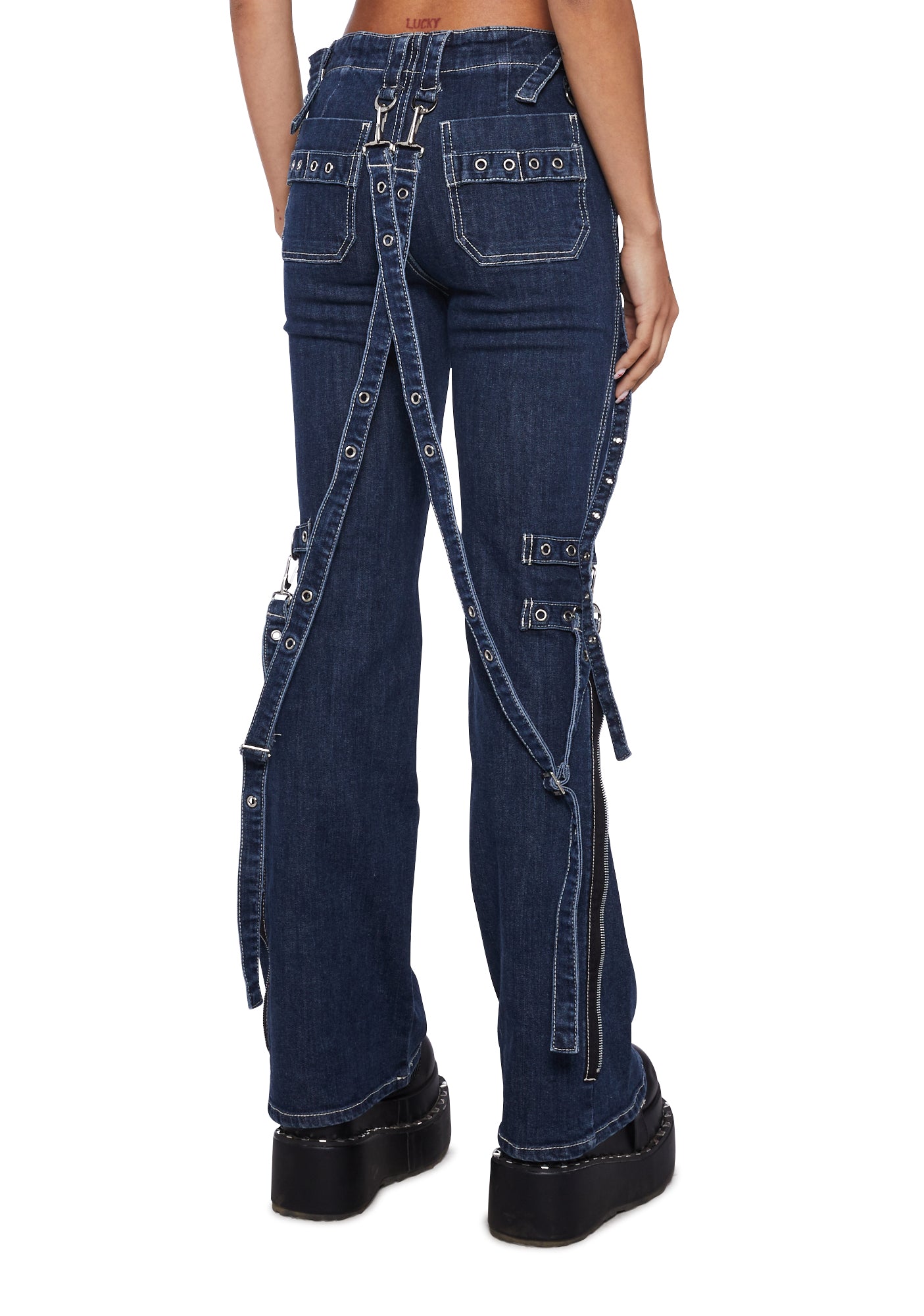 Tripp NYC Denim Strappy Pants - Blue – Dolls Kill