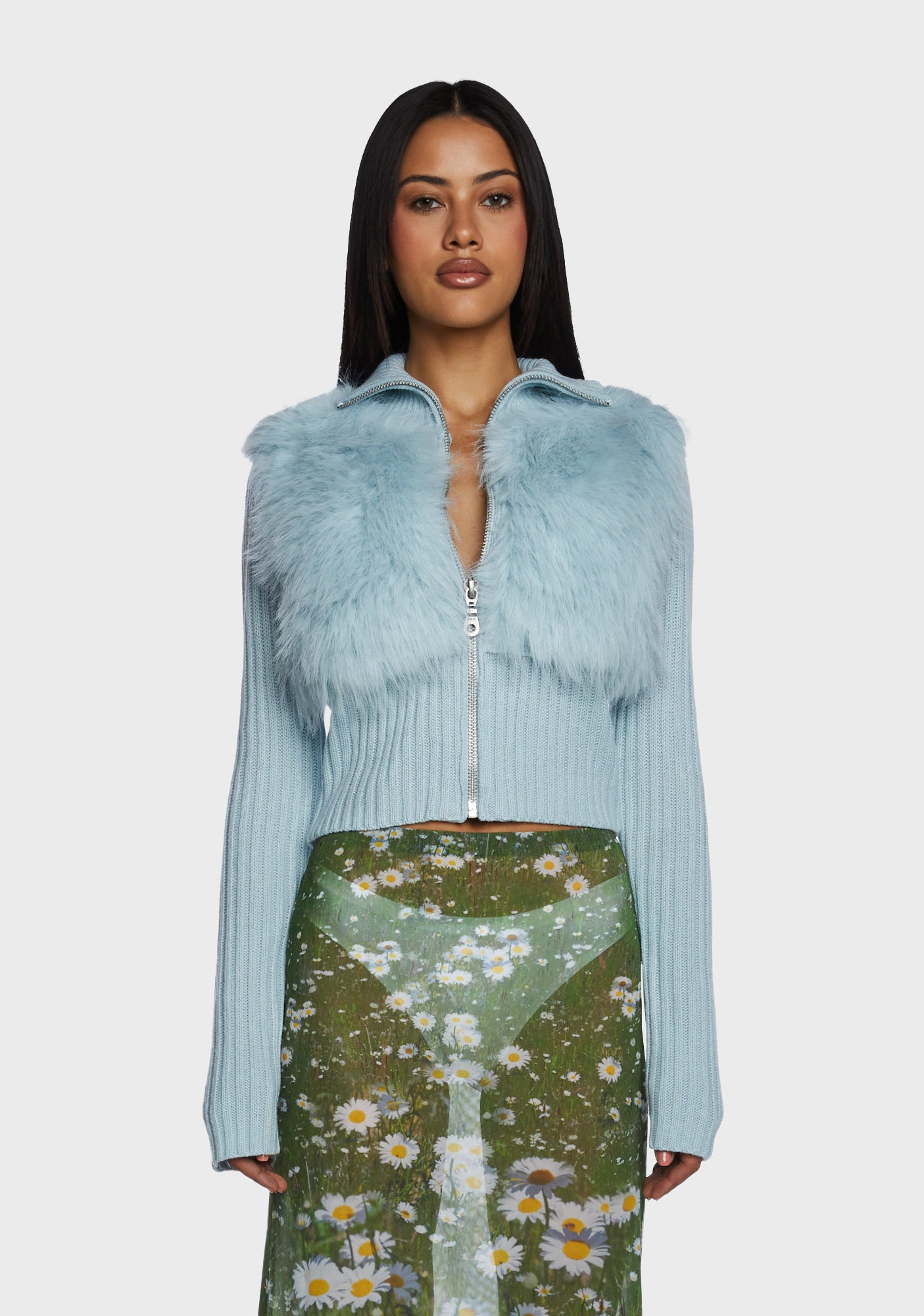 The Ragged Priest Ribbed Knit Faux Fur Cardigan - Blue – Dolls Kill