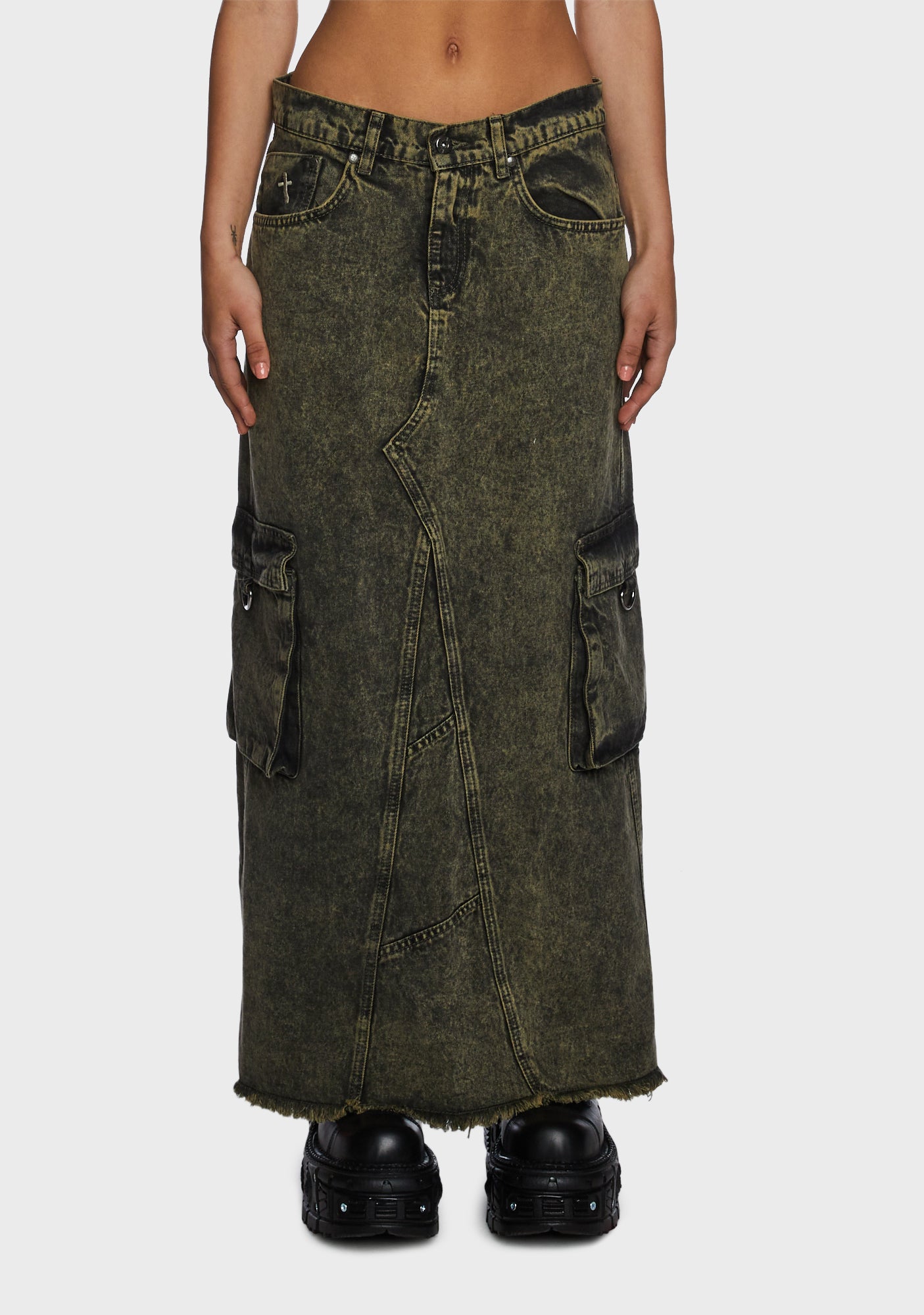 The Ragged Priest Sandwash Denim Maxi Cargo Skirt - Green – Dolls Kill