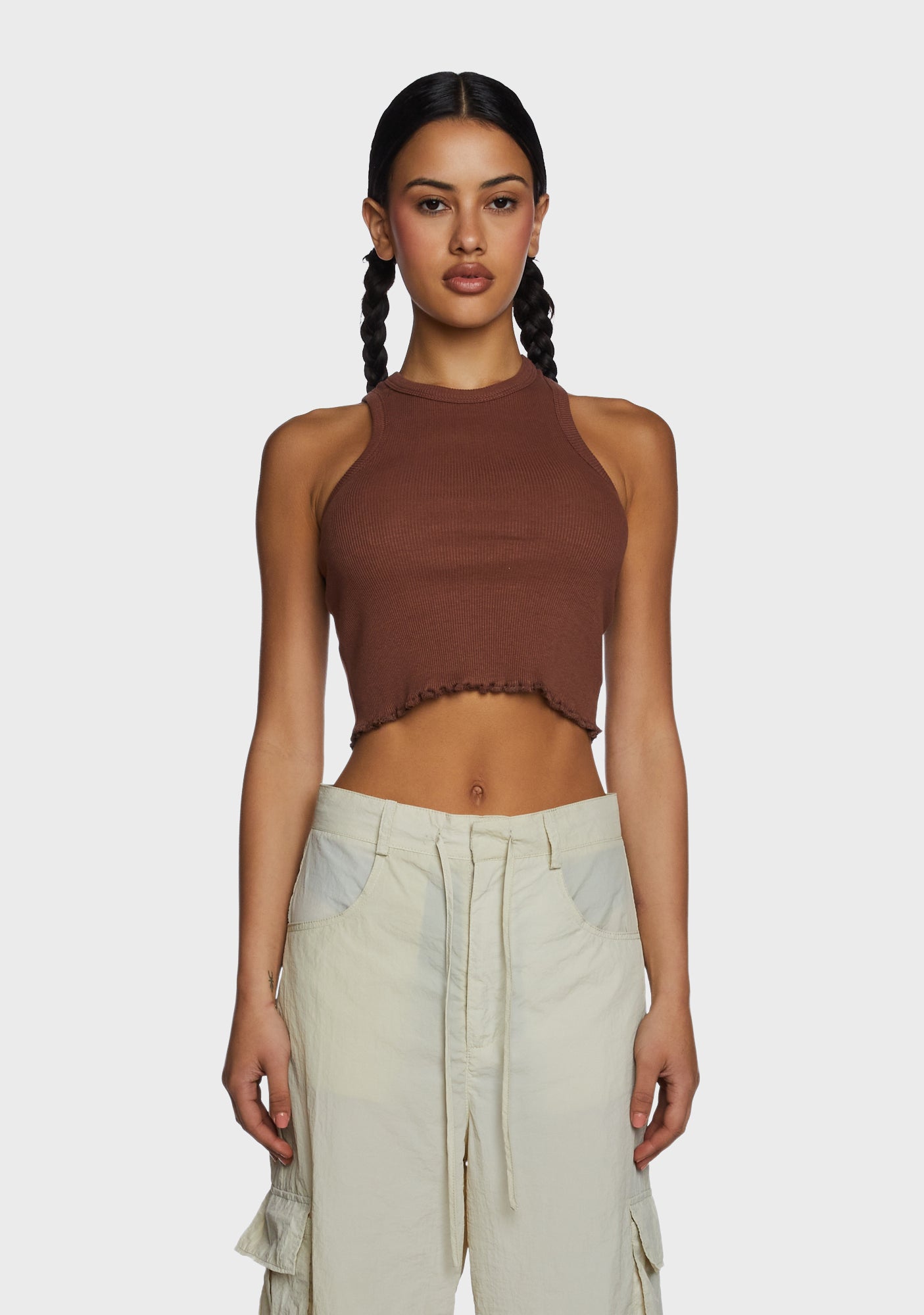 Daisy Street Ribbed Tank Top With Lettuce Hem - Brown – Dolls Kill